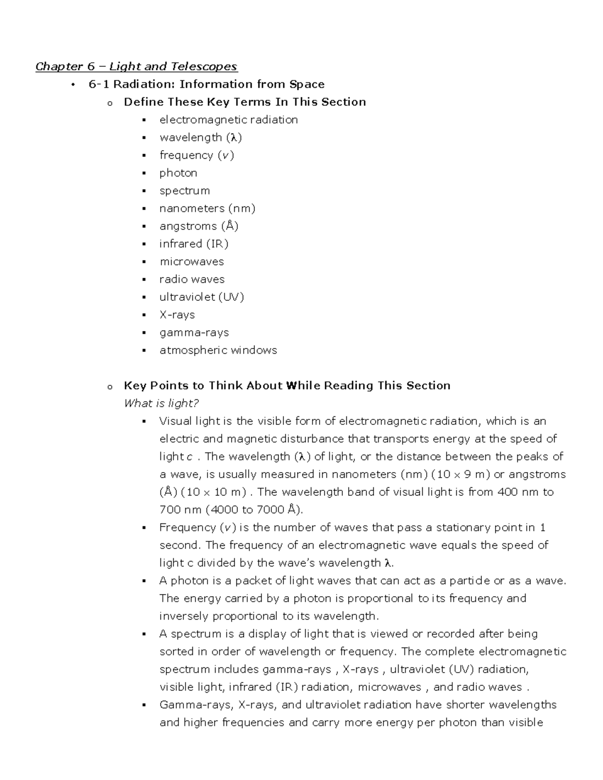 Chapter 6 - Light and Telescopes - Study Companion - Chapter 6 – Light ...