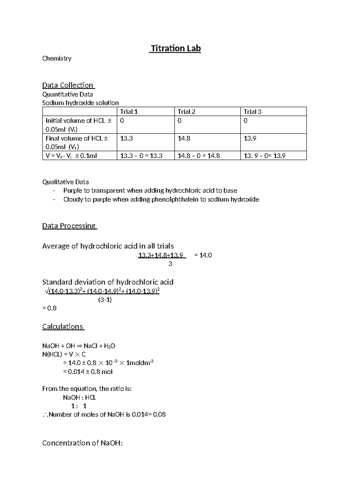 Titration Lab Report - Titration Lab Chemistry Data Collection ...