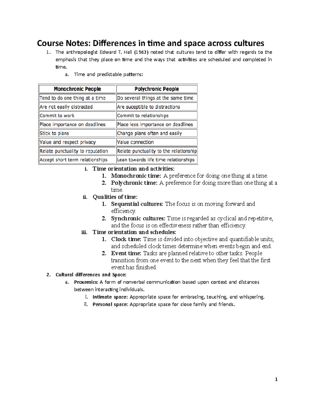 Time and space cultural differences Notes - 1 Course Notes: Differences ...