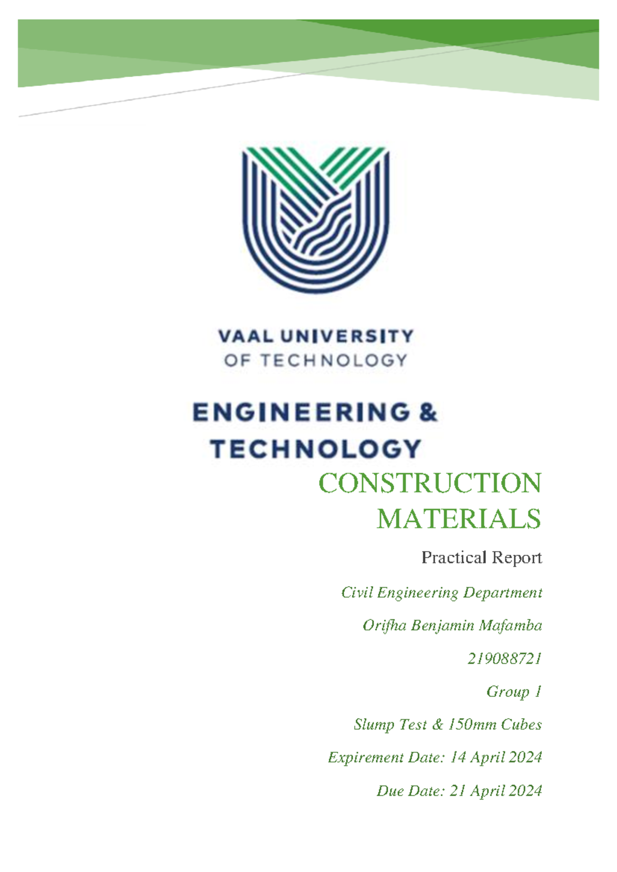 Practical Report - CONSTRUCTION MATERIALS Practical Report Civil ...