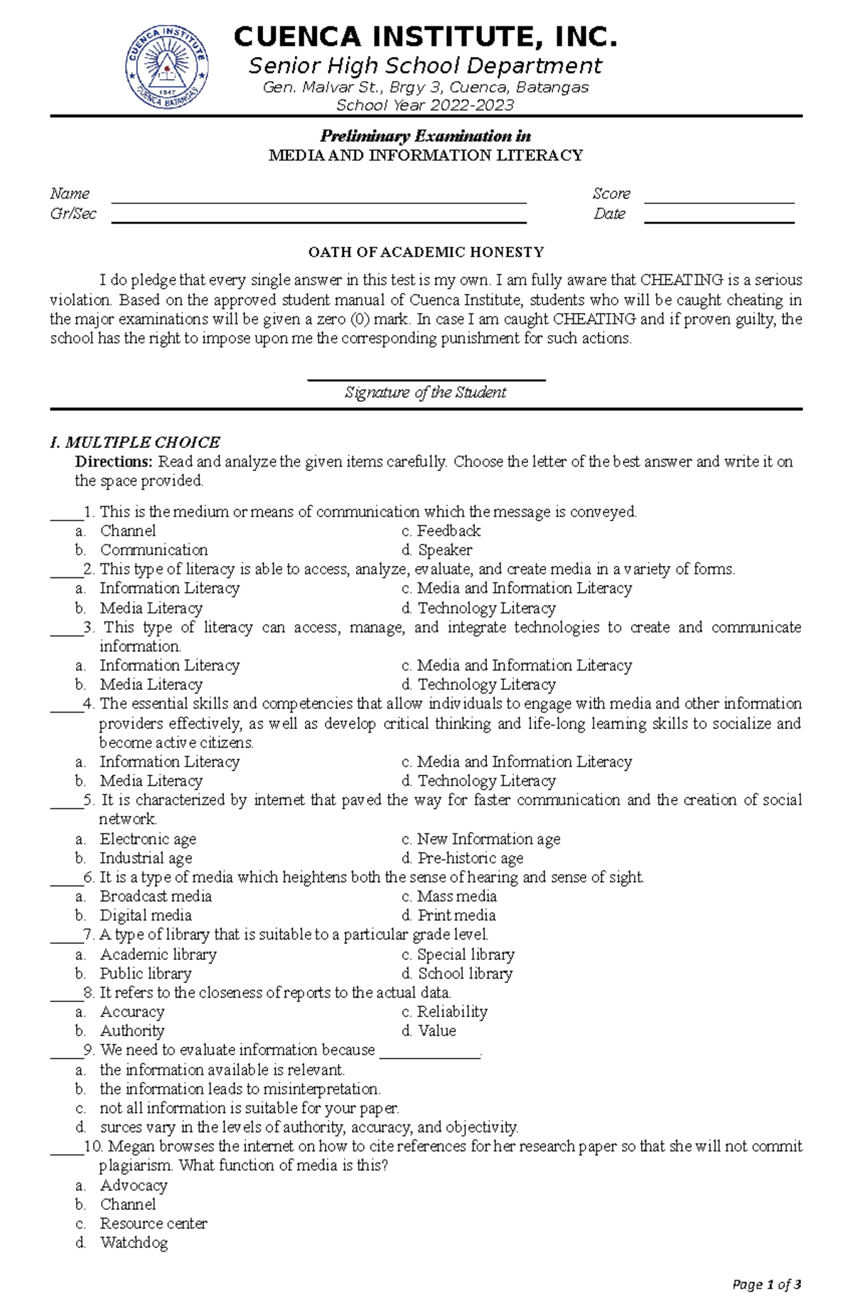 MIL- Prelims - Examination - CUENCA INSTITUTE, INC. Senior High School ...