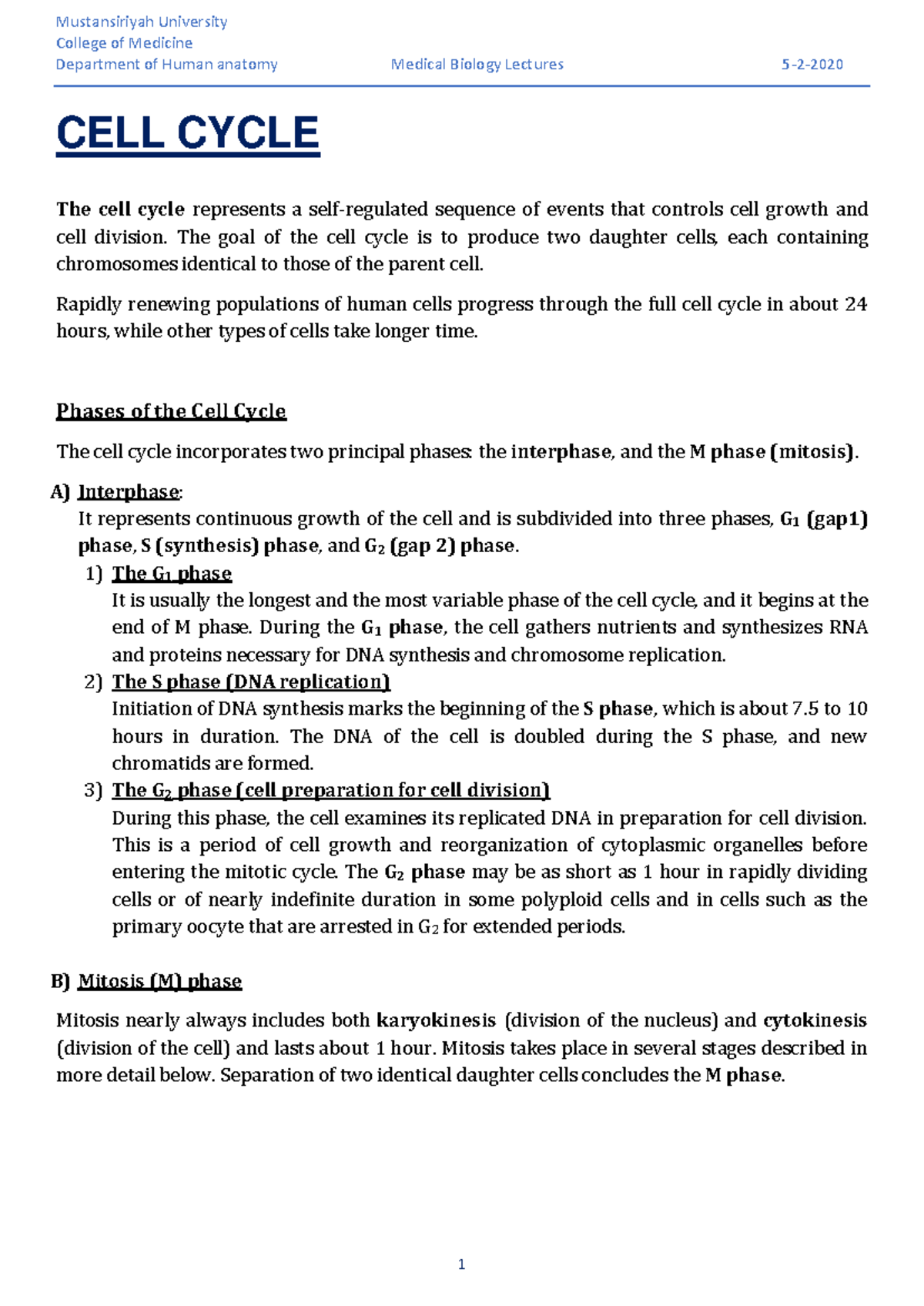 PHASES OF THE CELL CYCLE - College of Medicine Department of Human ...
