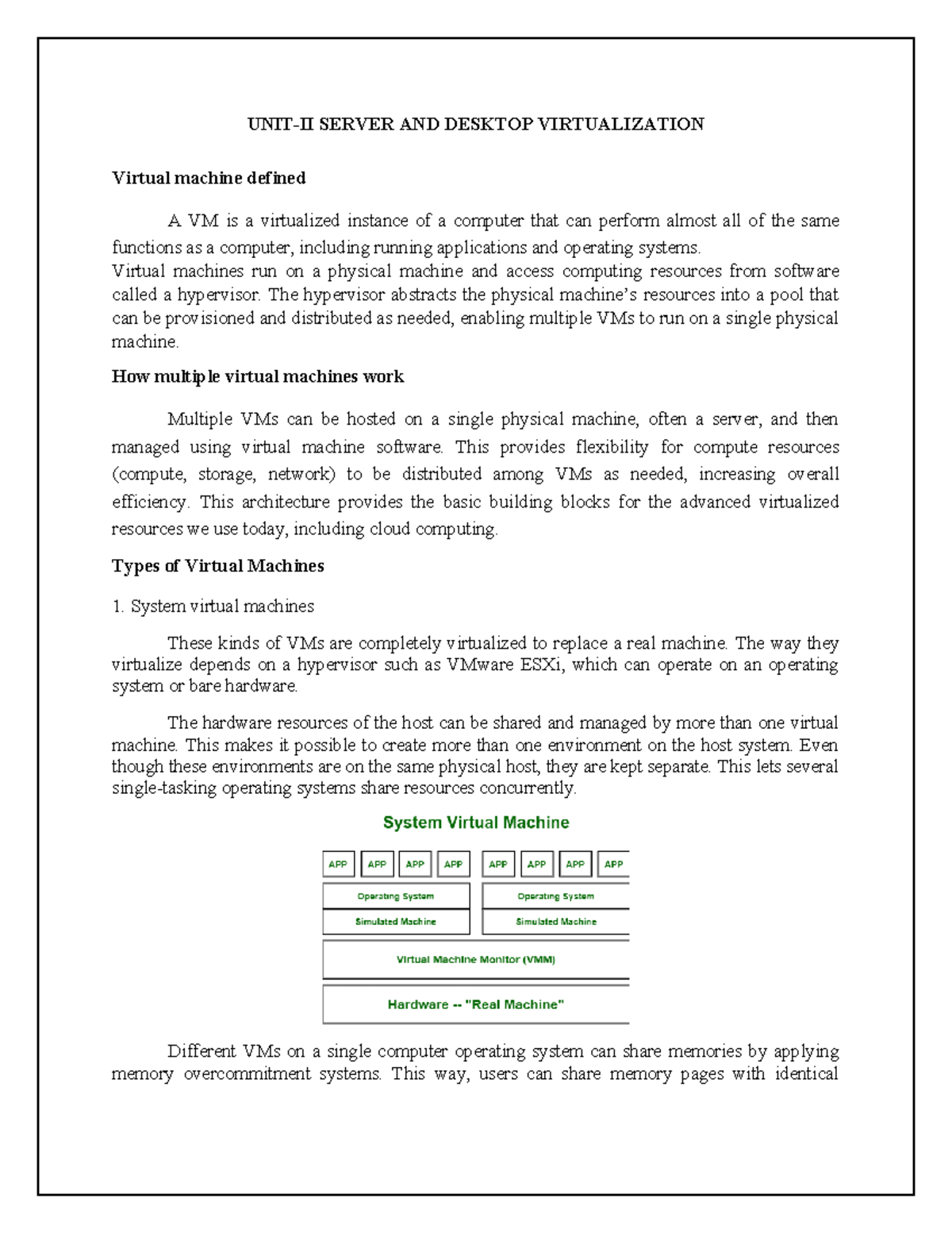 LECT UNIT-2 - virrrtualisation - UNIT-II SERVER AND DESKTOP VIRTUALIZATION Virtual machine ...