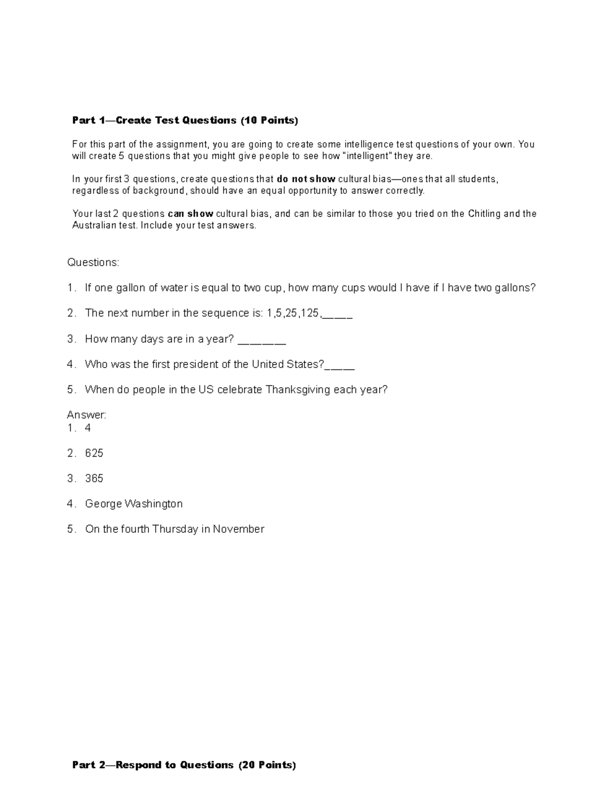 4 - check out - Part 1—Create Test Questions (10 Points) For this part ...