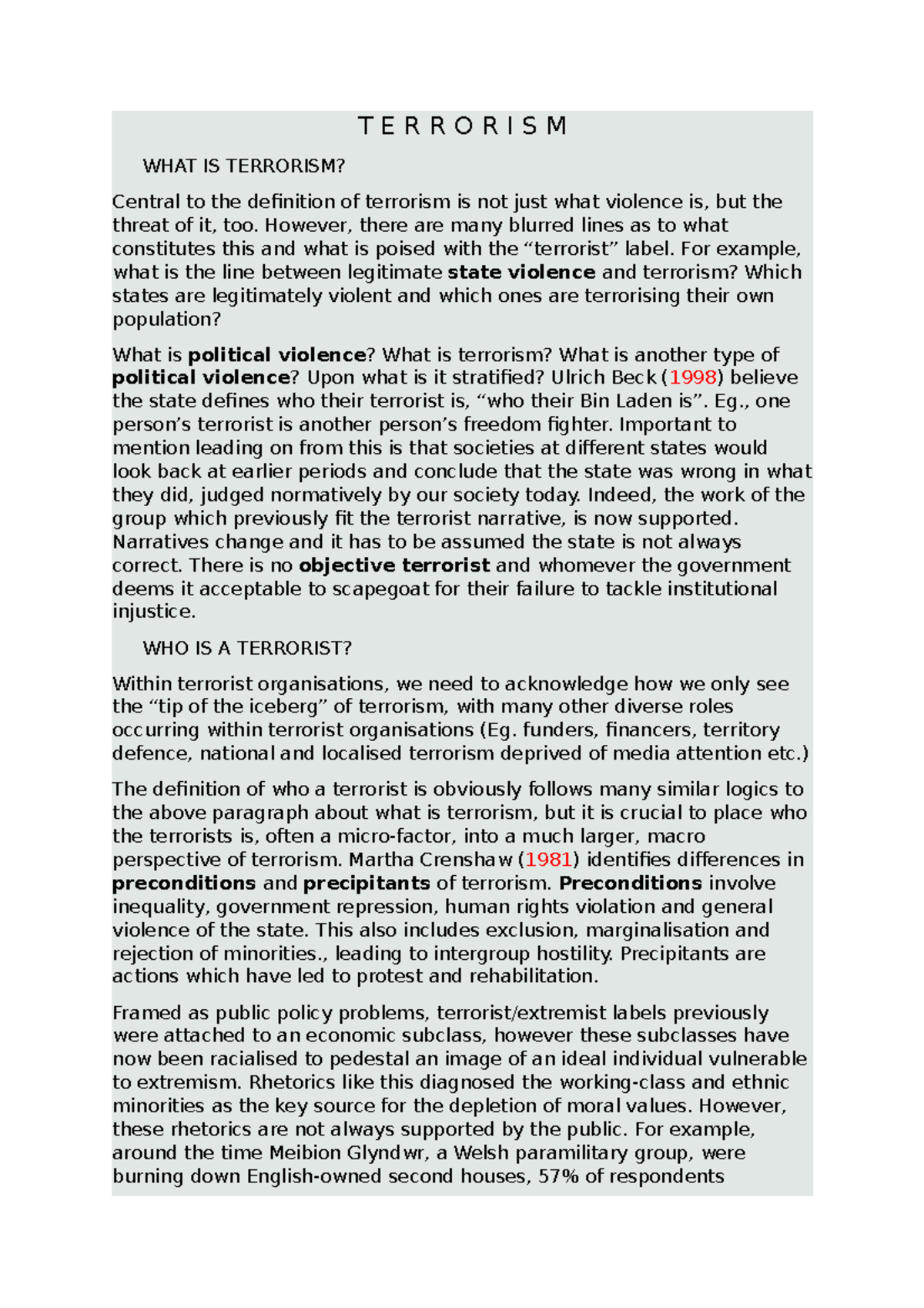 Terrorism Revision Document - T E R R O R I S M WHAT IS TERRORISM ...