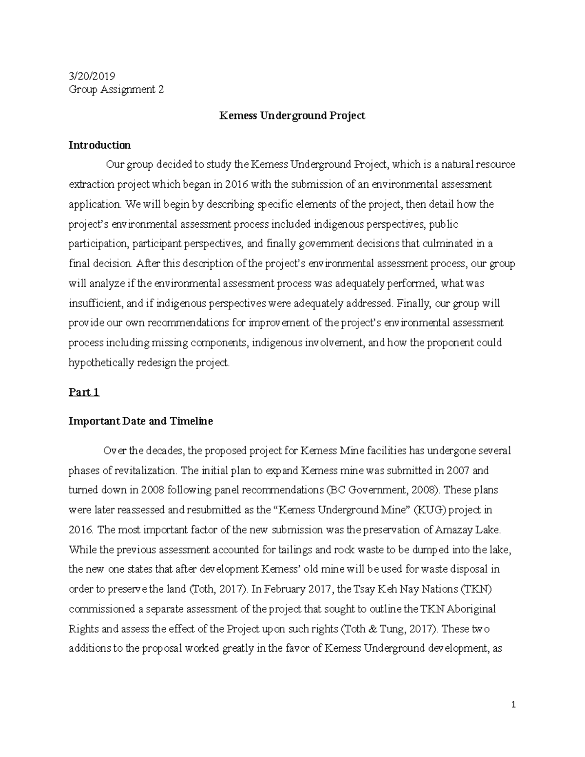 Group assignmnet 2 essay - 3/20/2019 Group Assignment 2 Kemess ...