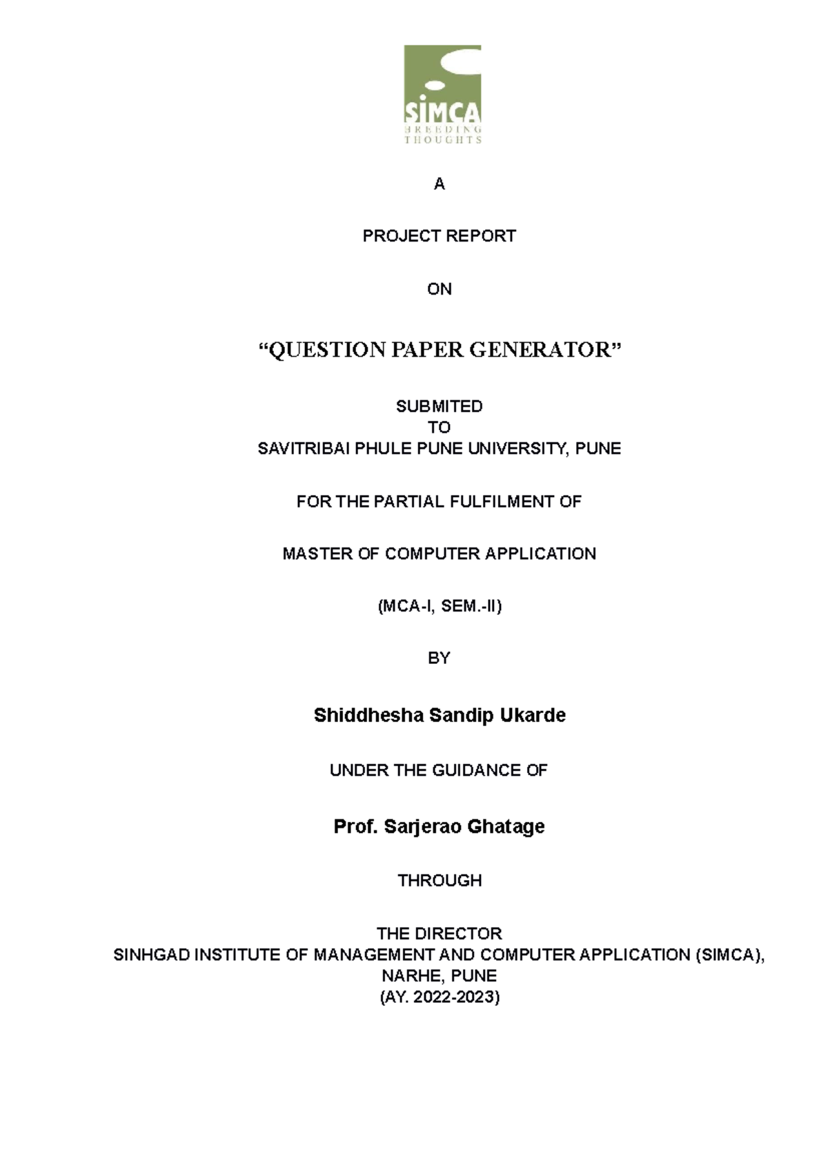 SID Documentation Sem 2 - A PROJECT REPORT ON “QUESTION PAPER GENERATOR ...