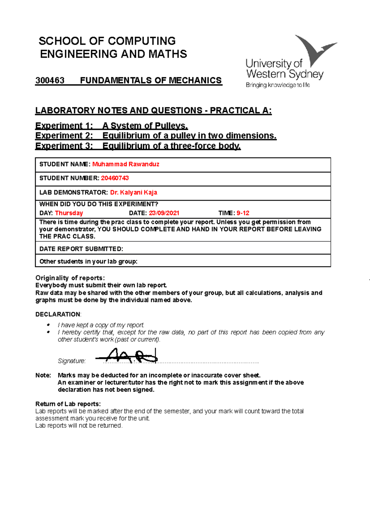 Fo M Practical Pt A 2021 - SCHOOL OF COMPUTING ENGINEERING AND MATHS 300463 FUNDAMENTALS OF ...