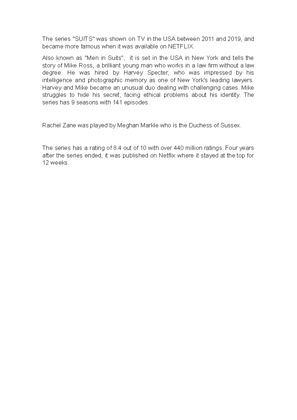 The series.docx - Google Docs - The series "SUITS" was shown on TV in ...