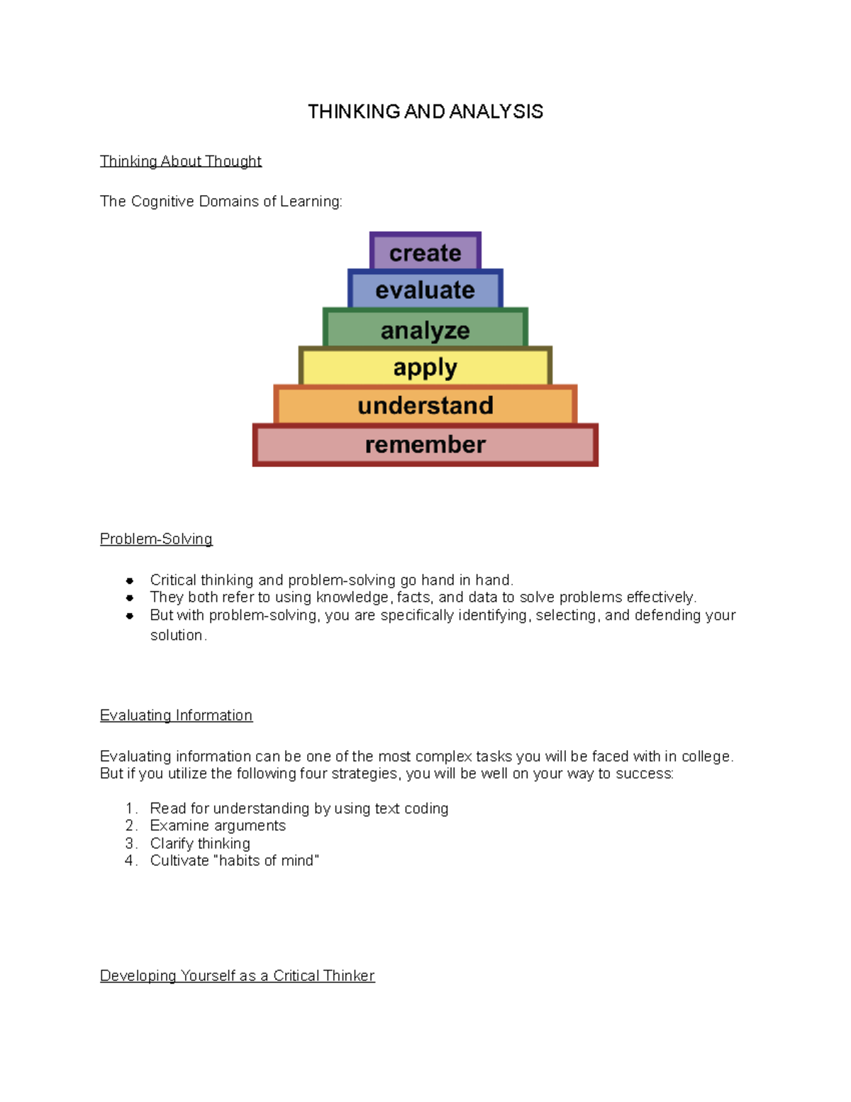 College Success Notes #9 - THINKING AND ANALYSIS Thinking About Thought ...