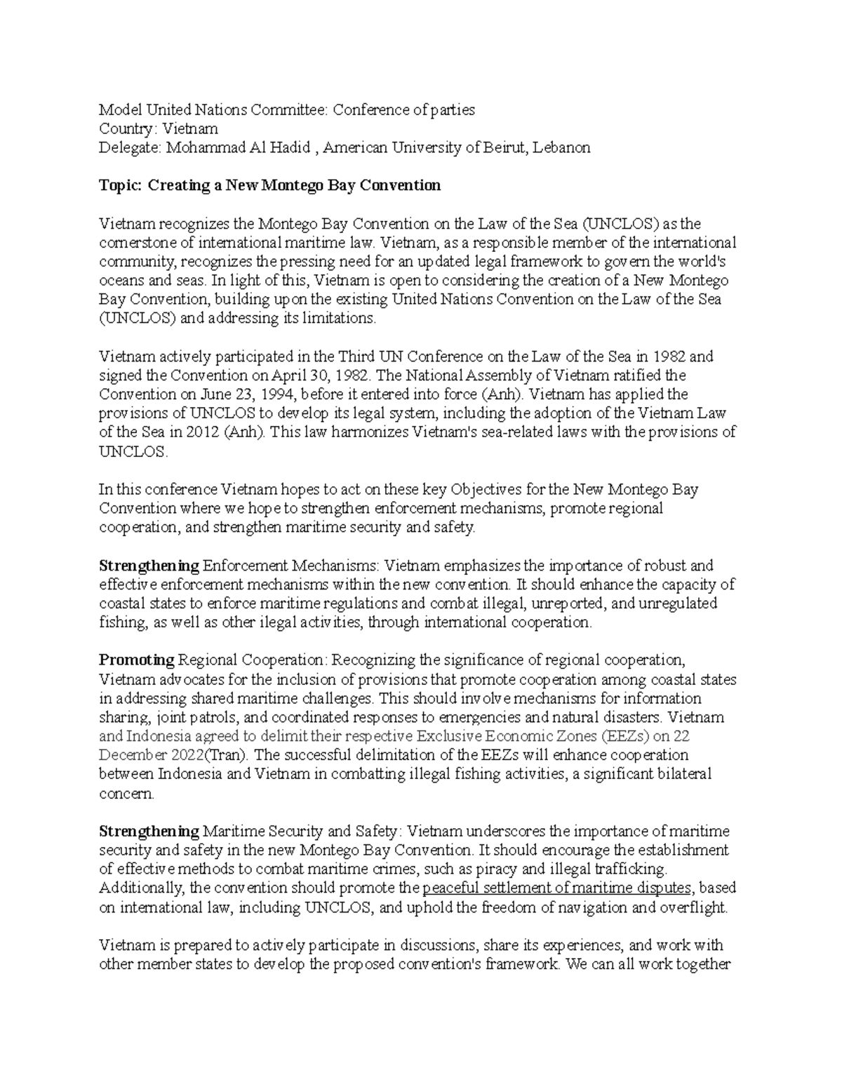Position paper vietnam - Model United Nations Committee: Conference of ...
