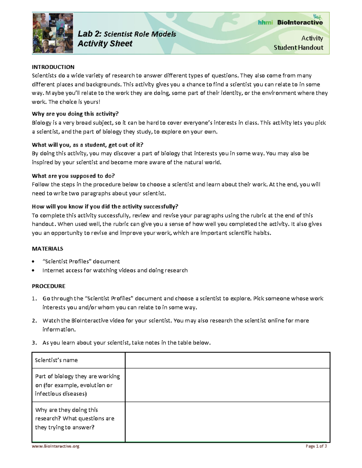 Scientist Role Models Student HO short act - BioInteractive Page 1 of 3 ...