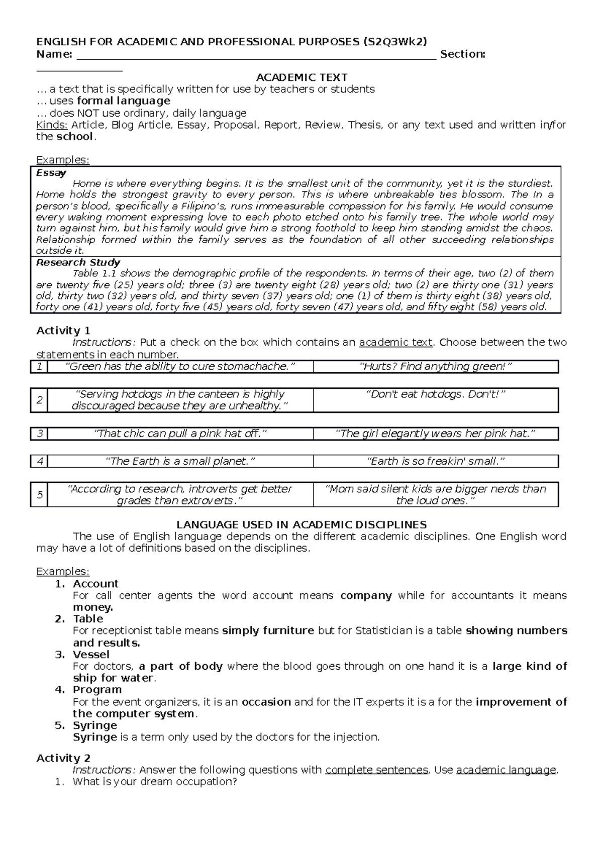 English for Academic and Professional Purposes (S2Q3AS1) - ENGLISH FOR ...