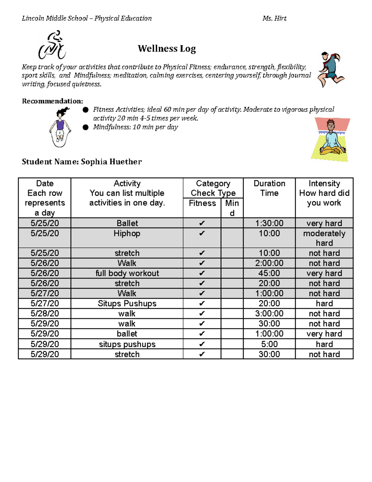 Copy of LMS PE Welness Log - Lincoln Middle School – Physical Education ...