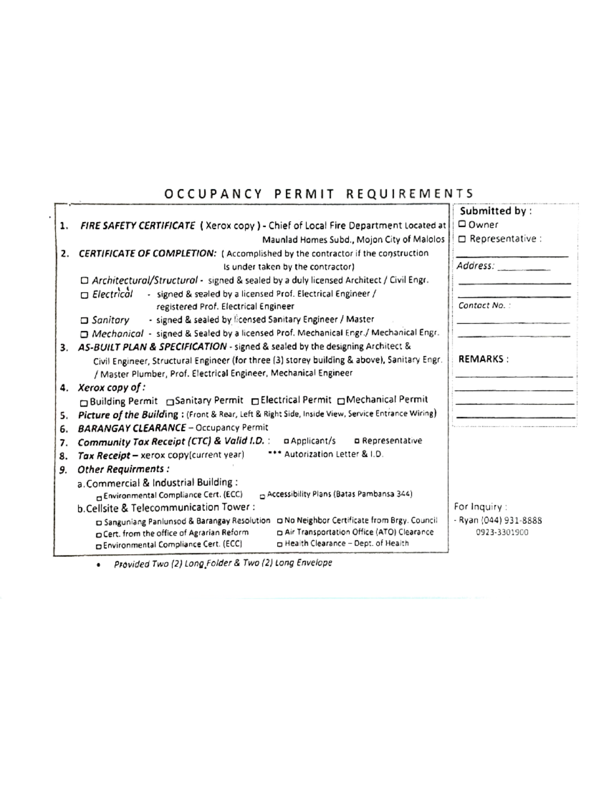 Occupancy Permit - 1. FIRE SAFETY CERTIFICATE (Xerox copy) - Chief of ...