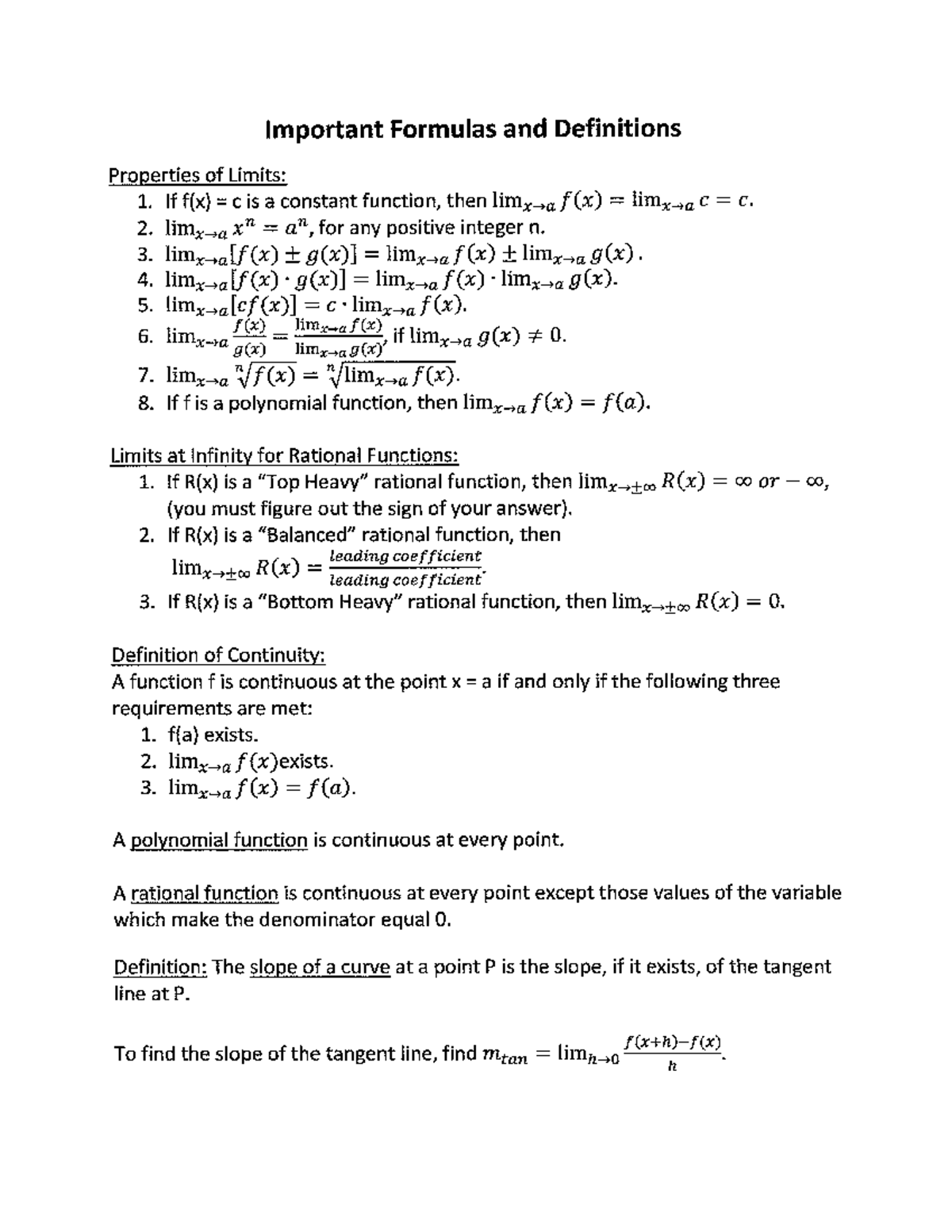 Formula Sheet - Notes - Important Formulas and Definitions Properties ...