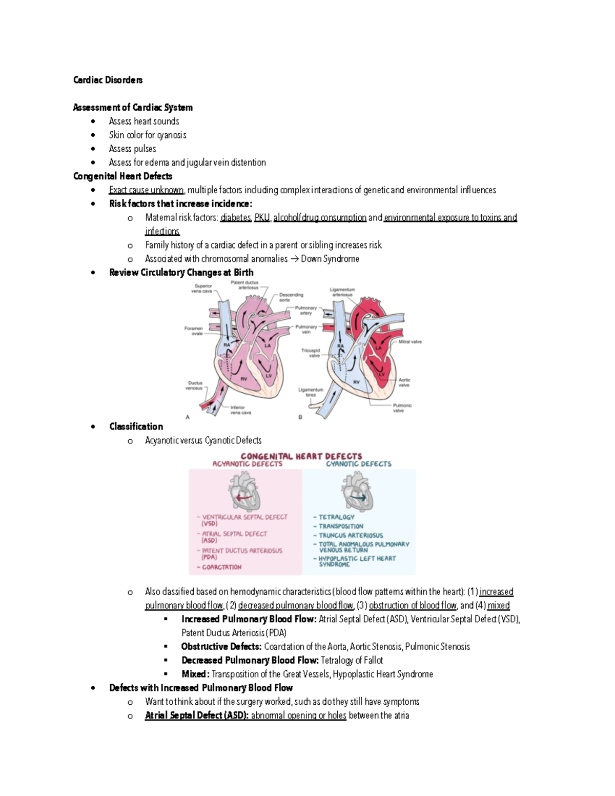 Cardiac Disorder Notes- NURS 330 - Cardiac Disorders Assessment of ...