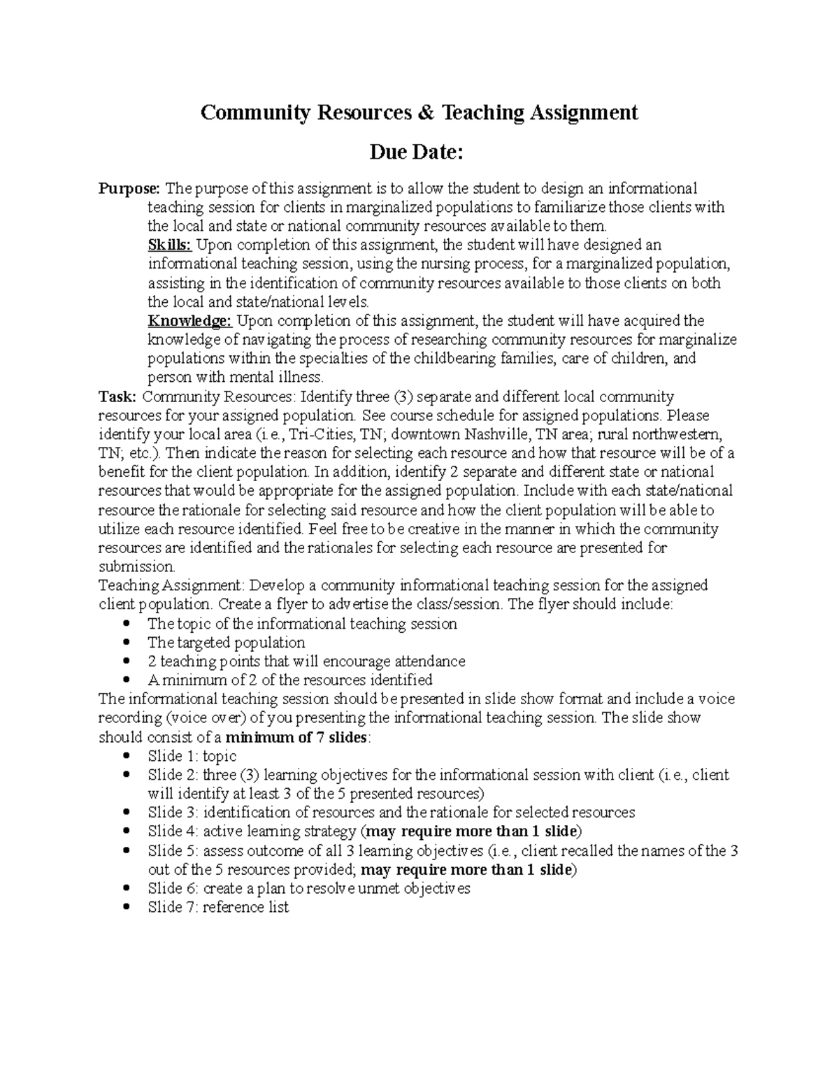 OB community assignment - Community Resources & Teaching Assignment Due ...