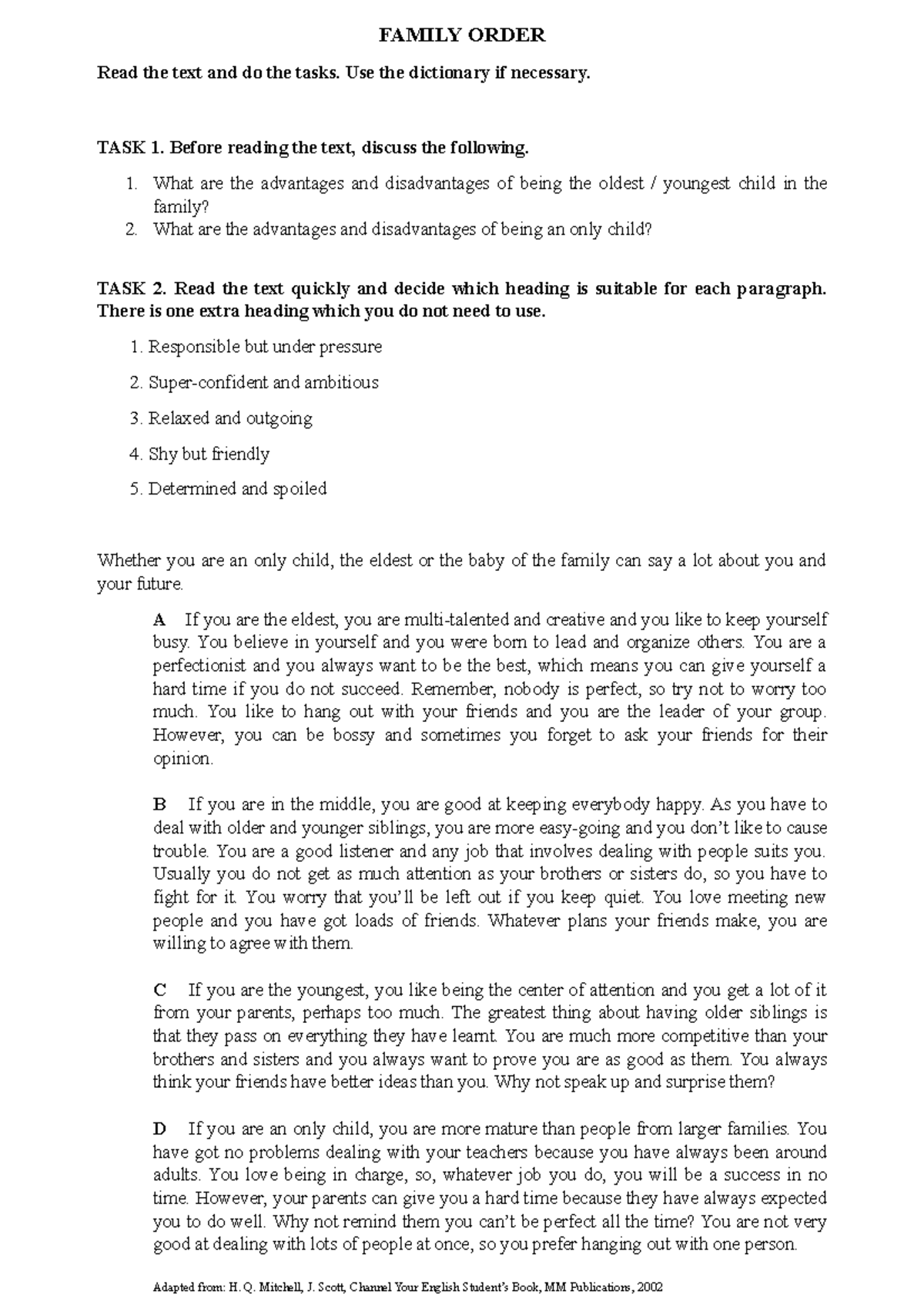 Family reading text with grammar and vocabulary tasks - FAMILY ORDER ...