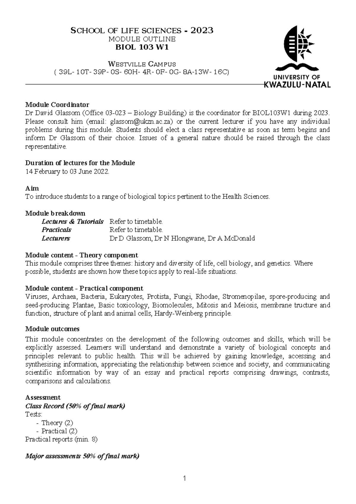 BIOL103 Module outline 2023 - SCHOOL OF LIFE SCIENCES - 2023 MODULE ...