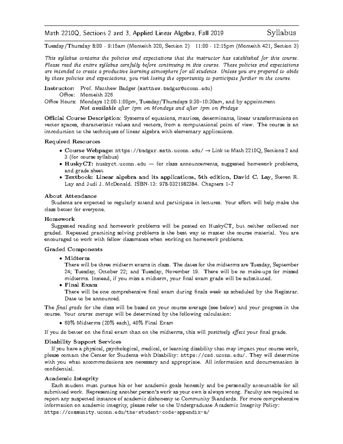 University of Connecticut linear Algebra Syllabus - MATH 2210Q - UConn ...