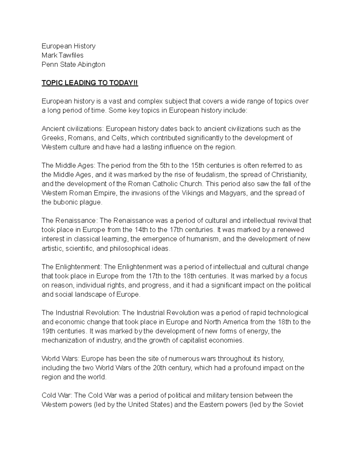 European History Notes - European History Mark Tawfiles Penn State ...