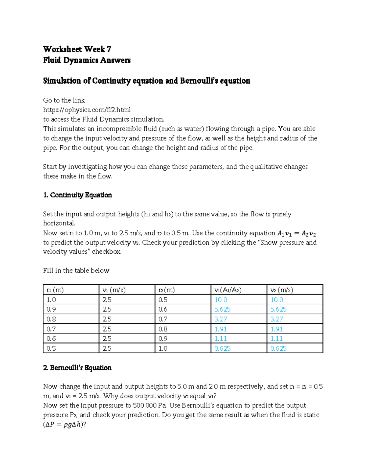 Lecture 13 Fluid Dynamics - Worksheet Week 7 Fluid Dynamics Answers ...