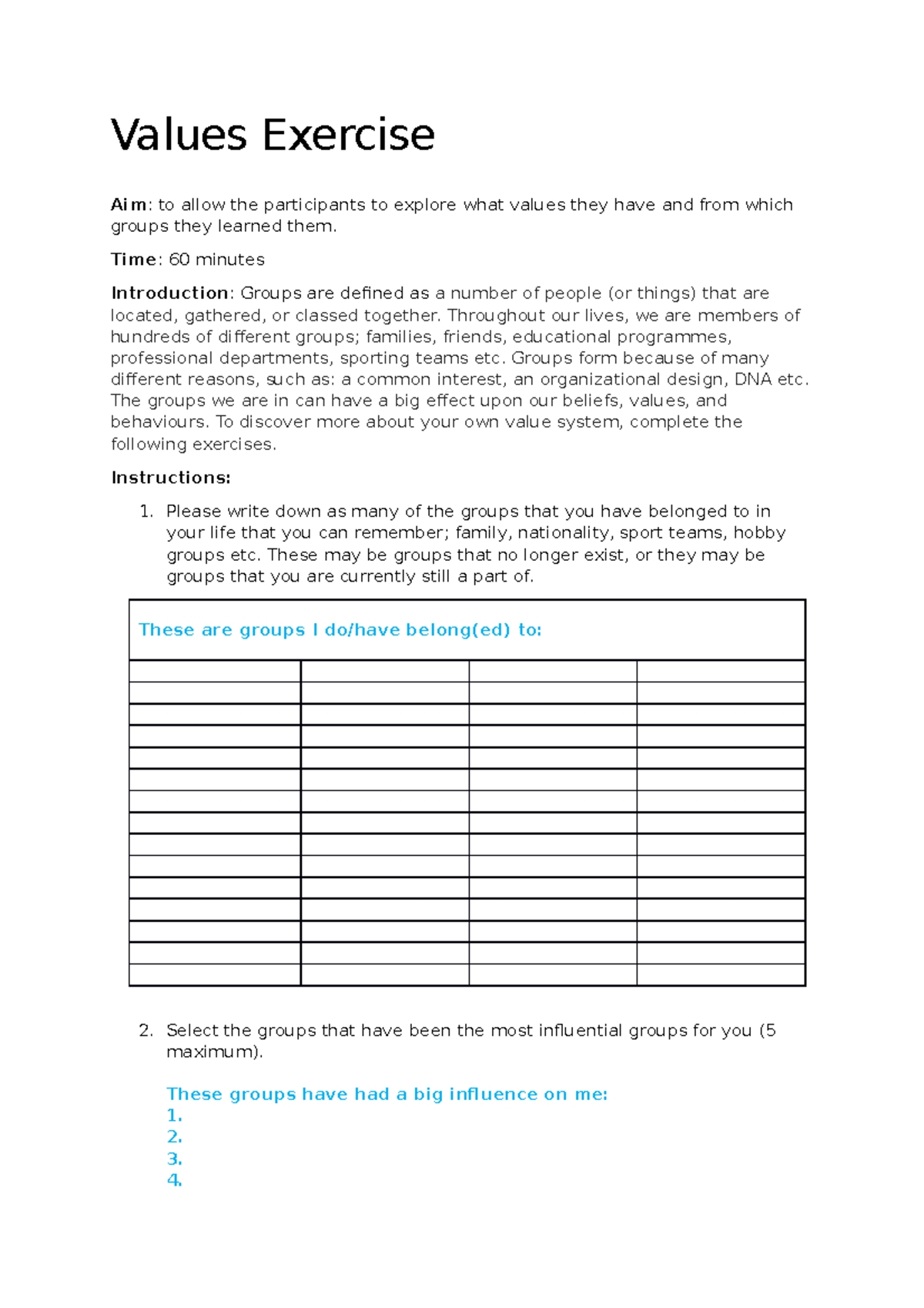 Values Exercise - jhjh - Values Exercise Aim : to allow the ...