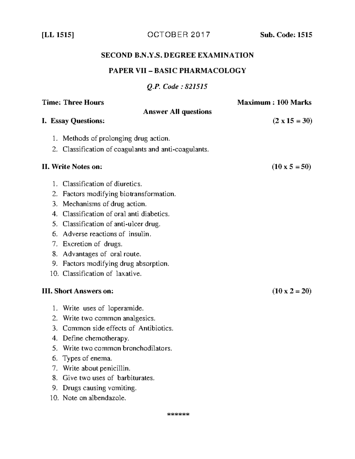 Model exam - [LL 1515] OCTOBER 2017 Sub. Code: 1515 SECOND B.N.Y ...