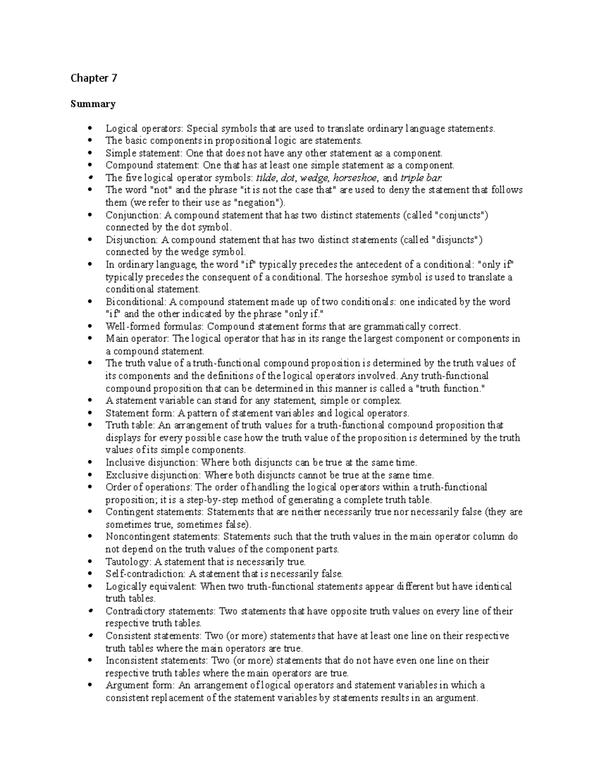 Chapter 7 notes - Chapter 7 Summary Logical operators: Special symbols ...