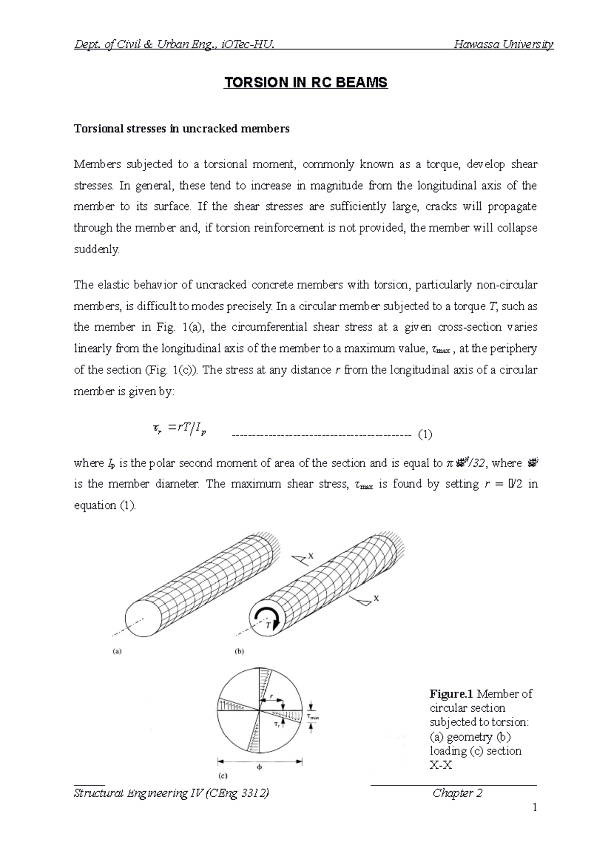 Chapter 2 Str 4 Torsion in beams - TORSION IN RC BEAMS Torsional stresses in uncracked members ...