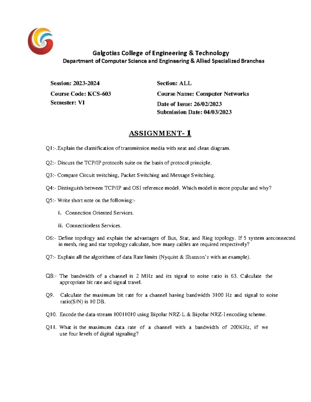 Assignment 1 Unit 1 - Galgotias College of Engineering & Technology Department of Computer - Studocu