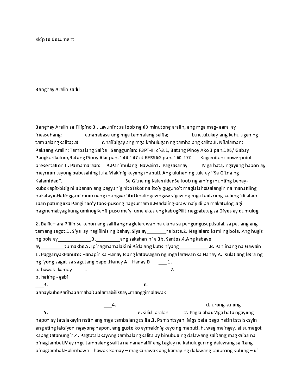 Filipino 3 - n/a - Skip to document Banghay Aralin sa fil Banghay ...