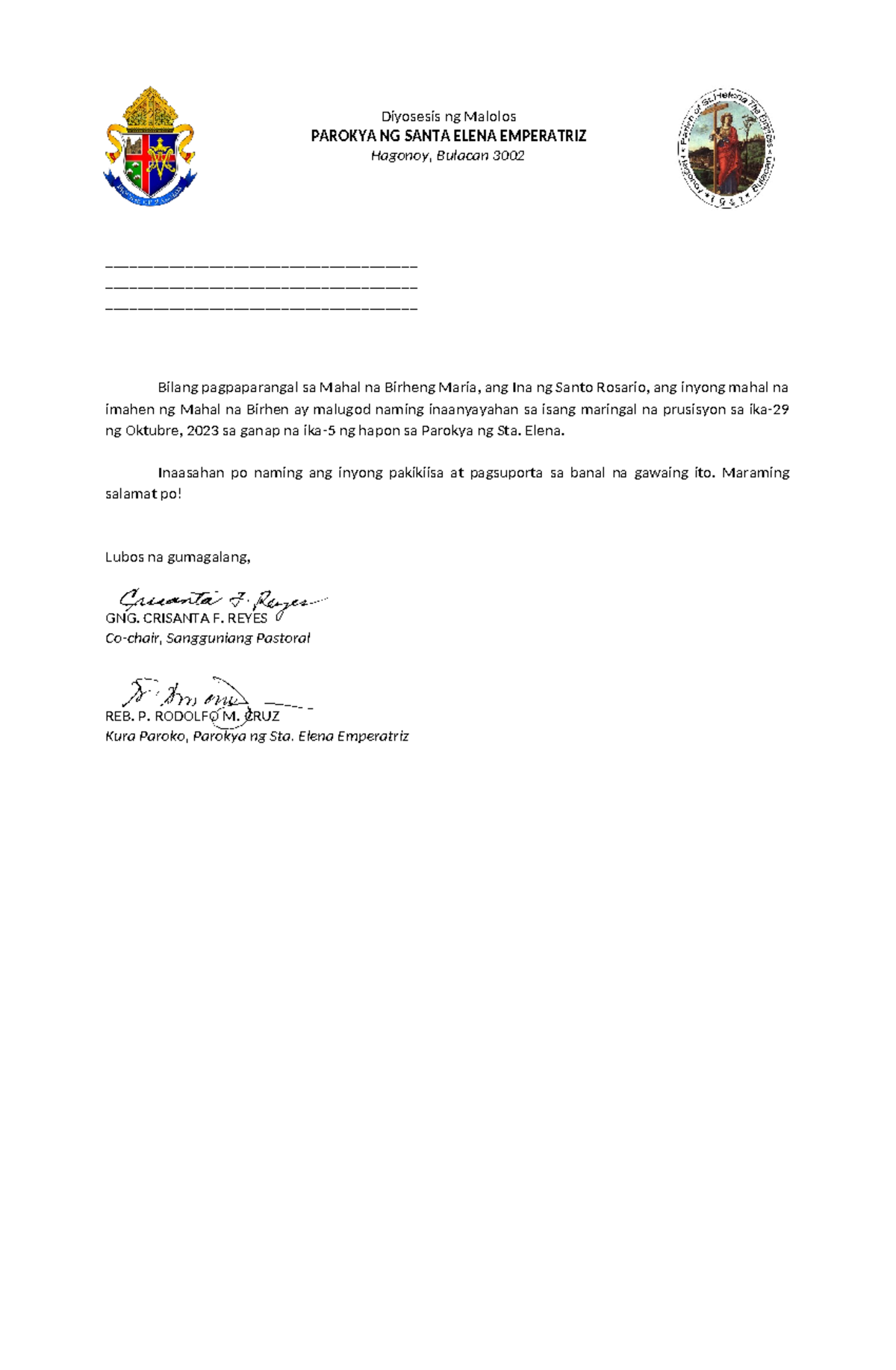 Letter - Marian Procession - Diyosesis ng Malolos PAROKYA NG SANTA ...
