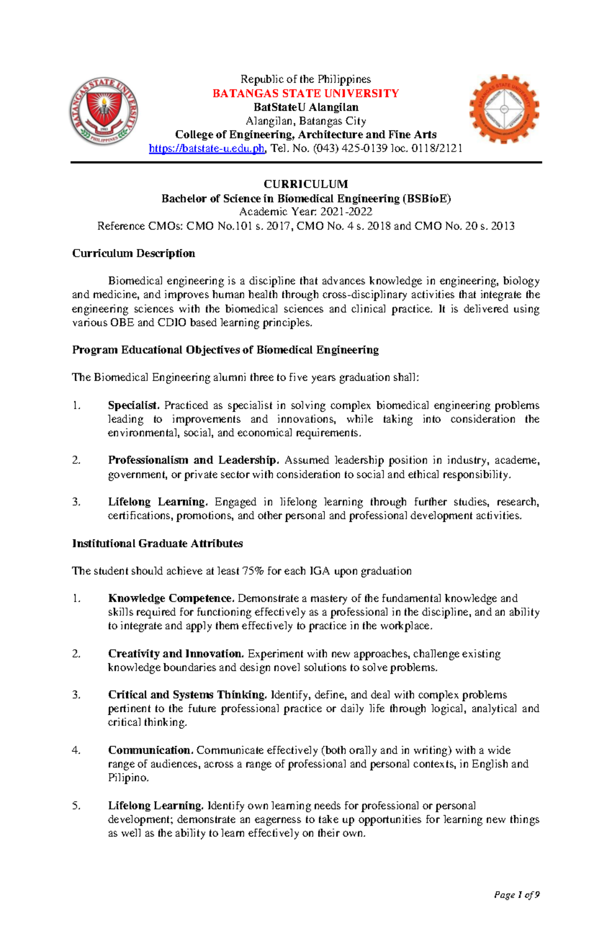 Bachelor of Science in Biomedical Engineering BSBio E - Republic of the Philippines BATANGAS ...