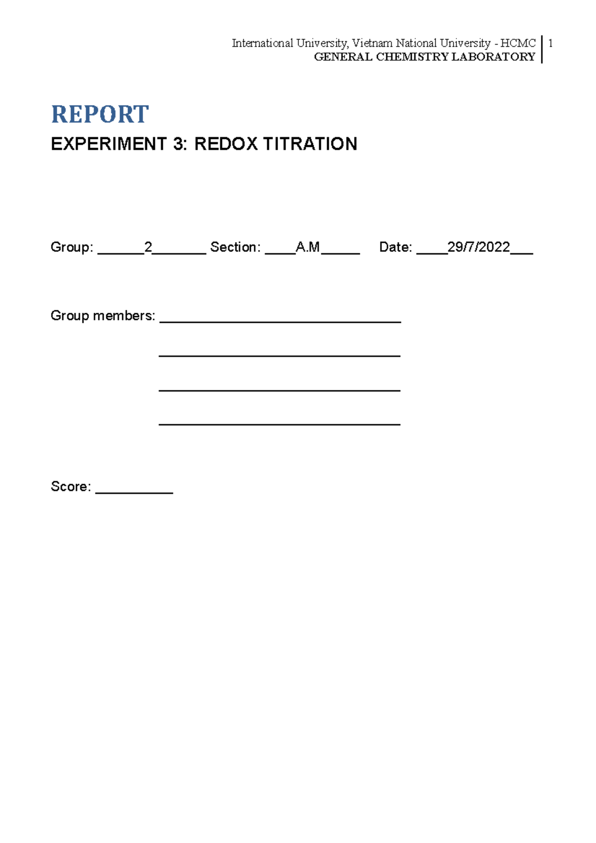 Report Expt. 3-Redox Tirtration with KMn O4 - GENERAL CHEMISTRY ...