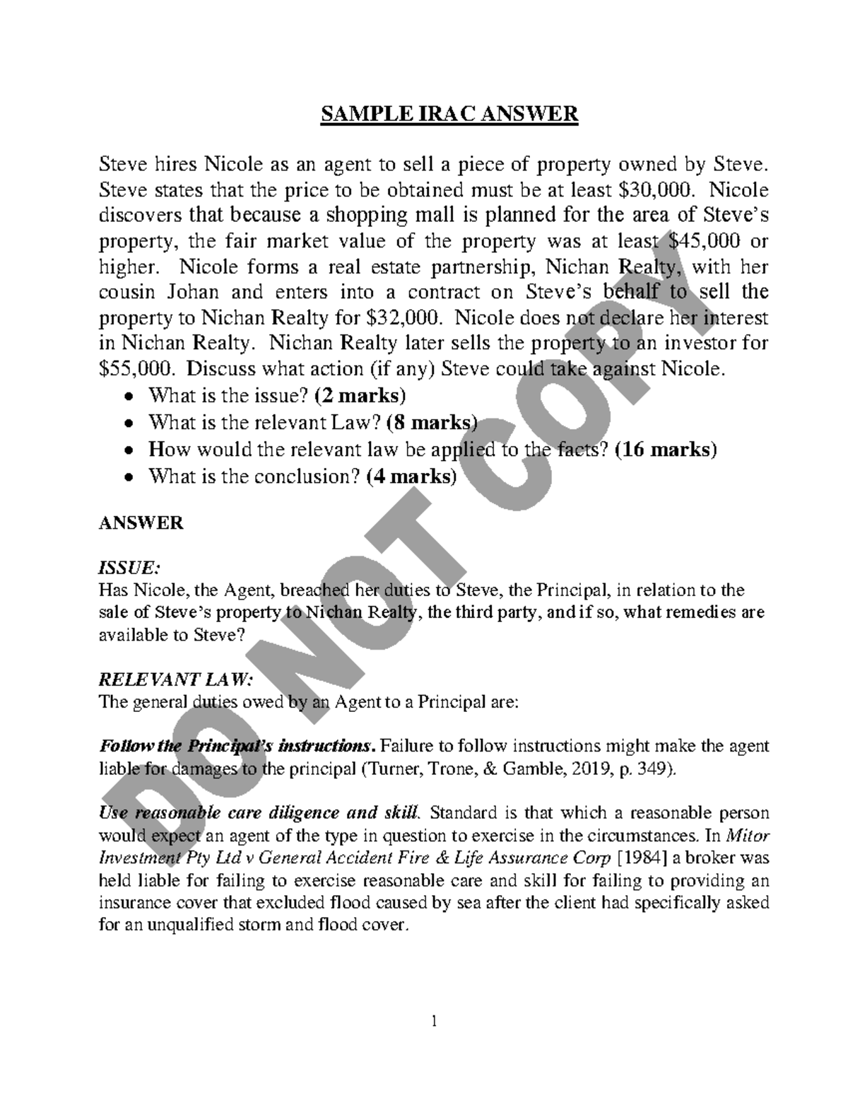 An Agency Law IRAC example - SAMPLE IRAC ANSWER Steve hires Nicole as ...