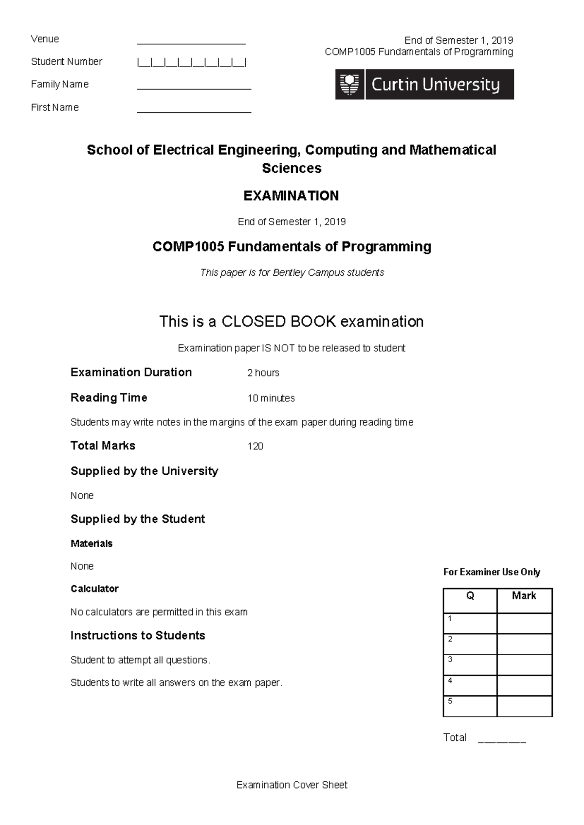 COMP1005 Fundamentals of Programming Sem1 2019 Final - End of Semester ...