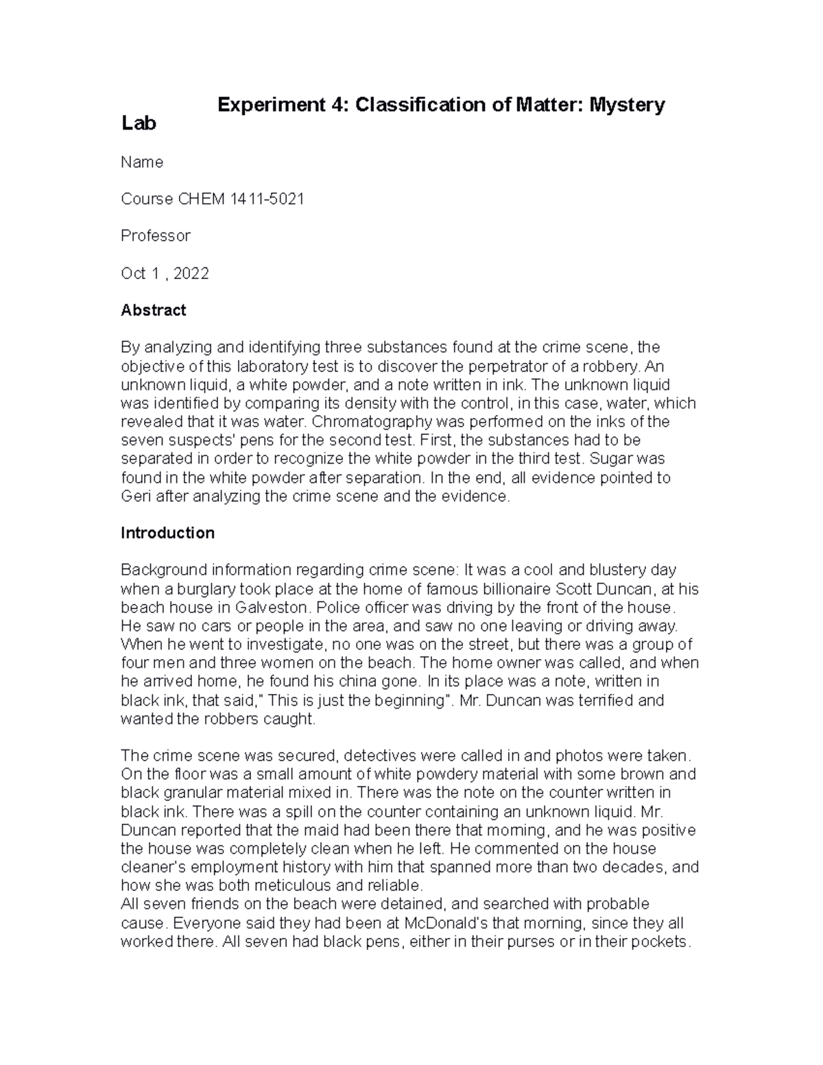 Experiment 4 Classification of Matter Mystery Lab - Experiment 4 ...