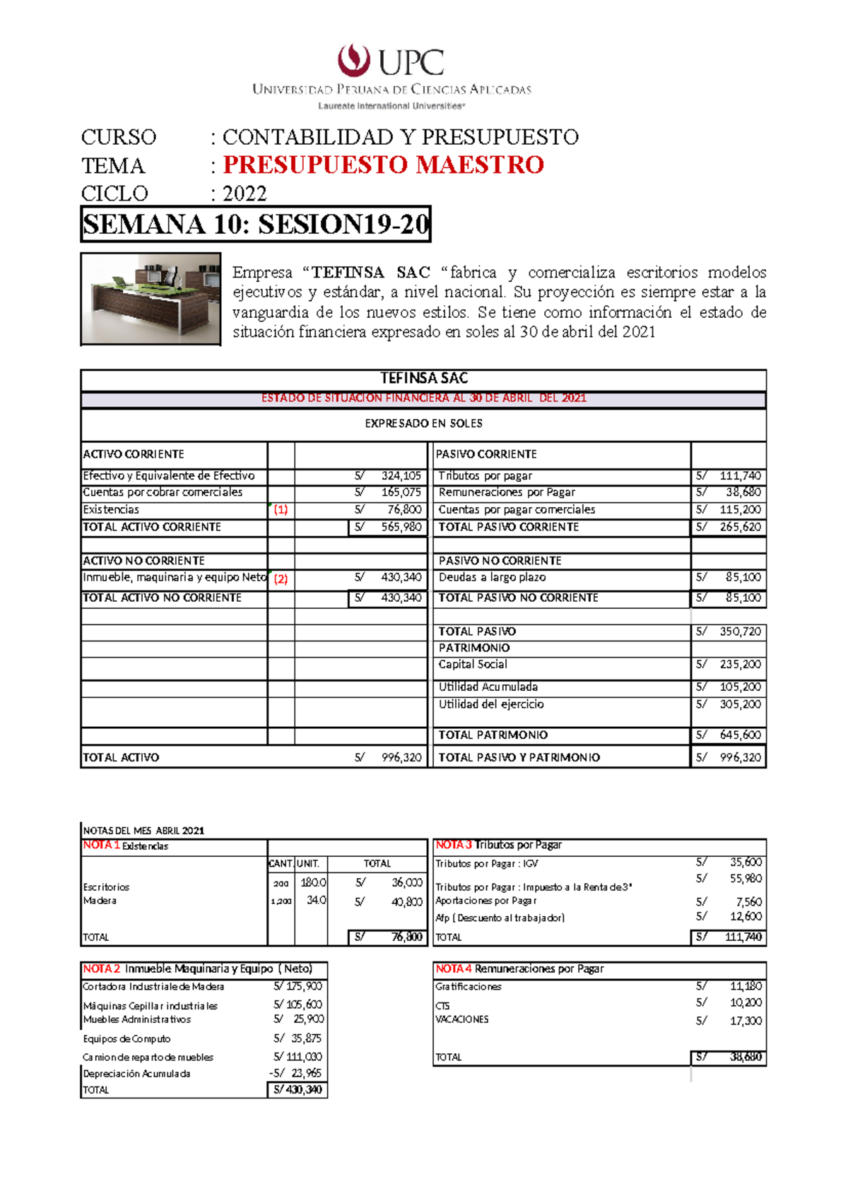 Tefinsa SAC Enunciado - ..... - CURSO : CONTABILIDAD Y PRESUPUESTO TEMA : PRESUPUESTO MAESTRO ...