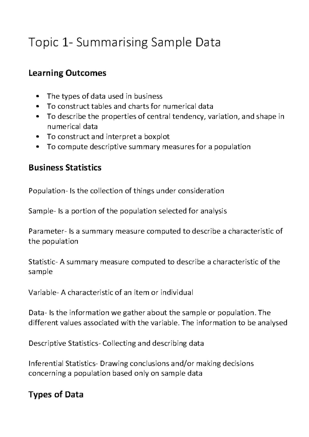 Topic 1- Summarising Sample Data - Topic Summarising Sample Data ...