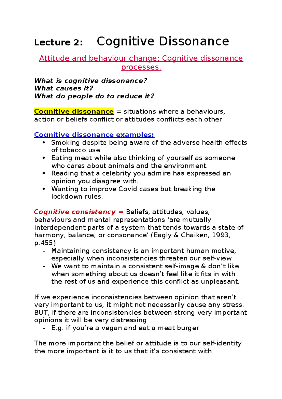 Cognitive dissonance - Lecture notes 2 - Lecture 2: Cognitive ...