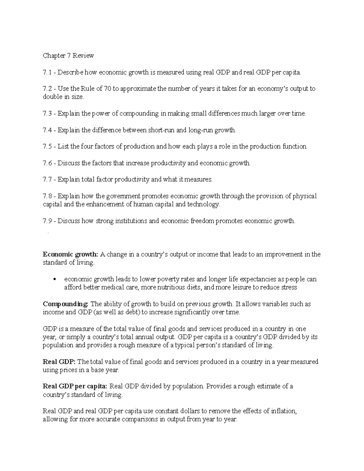 Chapter 7 Review - Chapter 7 Review 7 - Describe how economic growth is ...