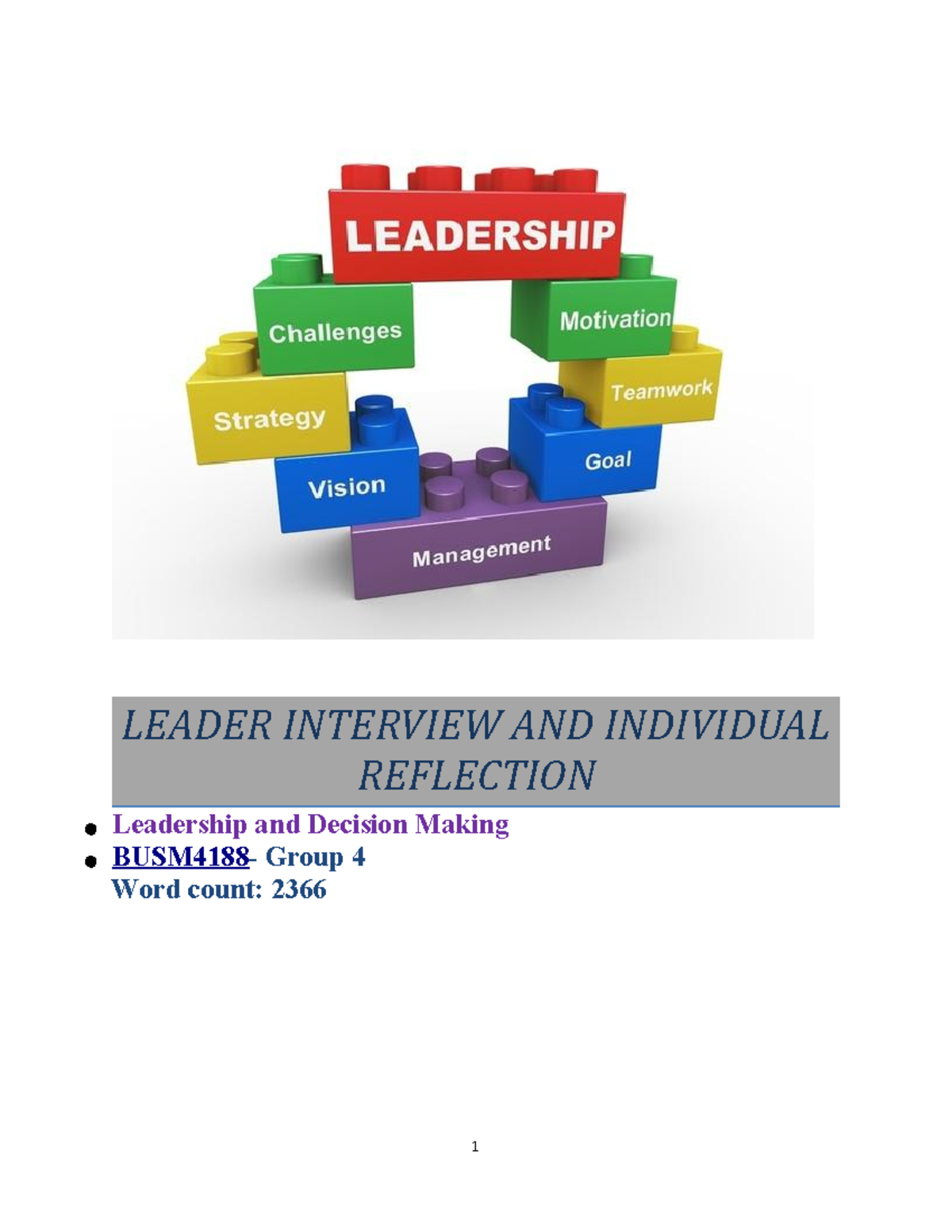 Leadership A2 - LEADER INTERVIEW AND INDIVIDUAL REFLECTION Leadership ...