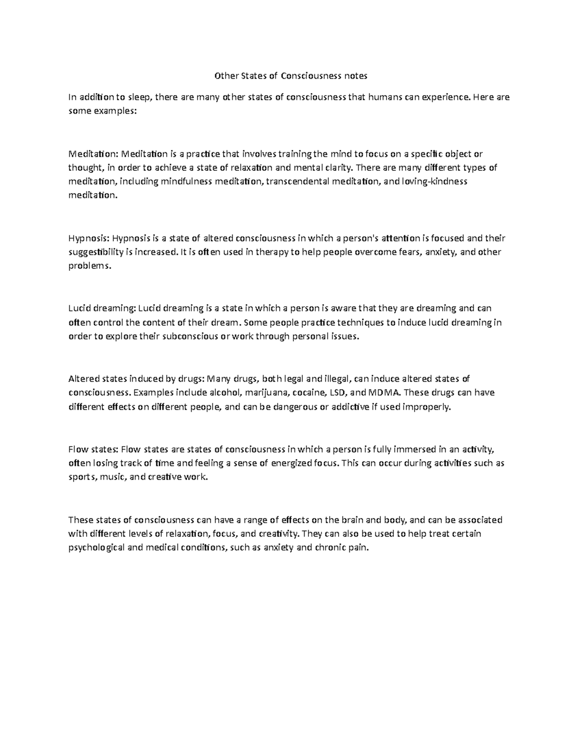 Other States of Consciousness notes - Here are some examples ...