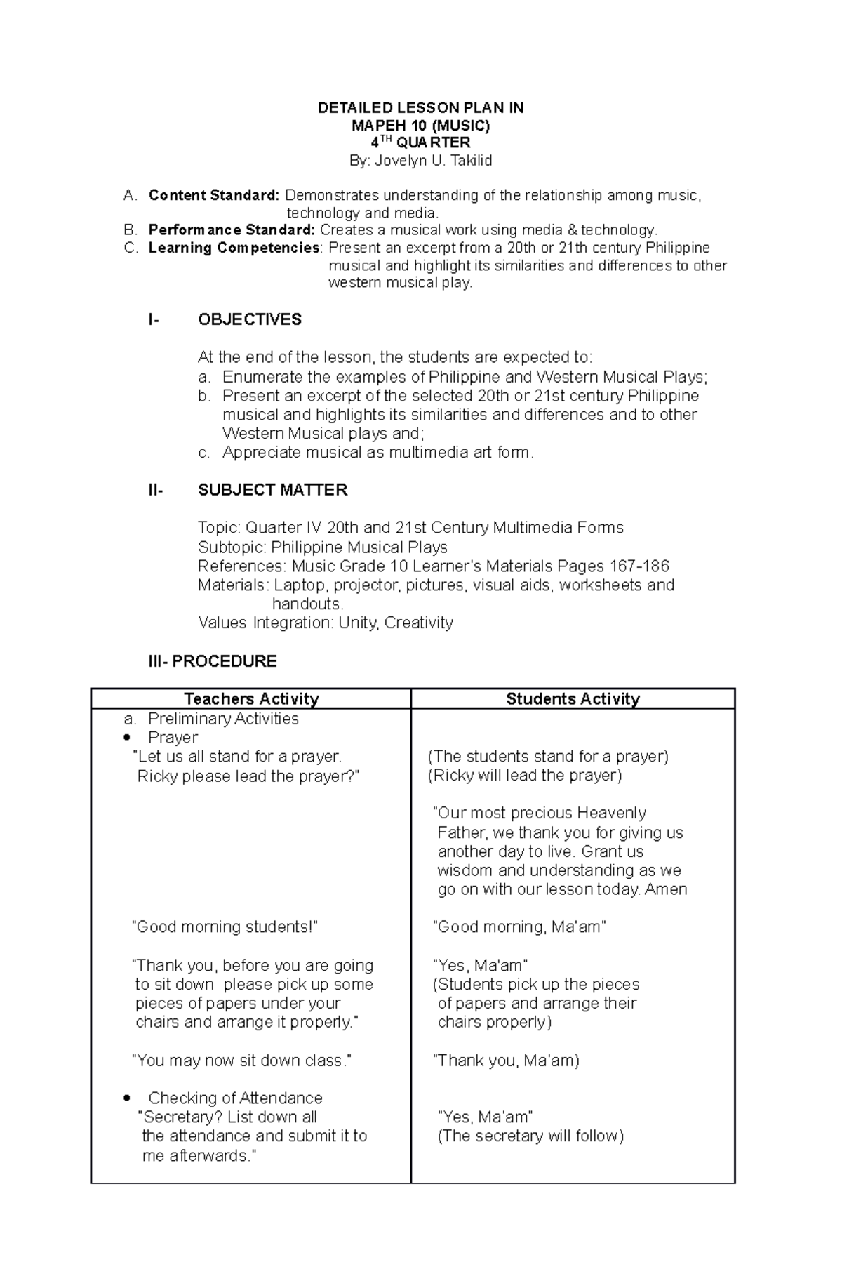 Detailed Lesson PLAN IN Musical PLAY Final - DETAILED LESSON PLAN IN ...