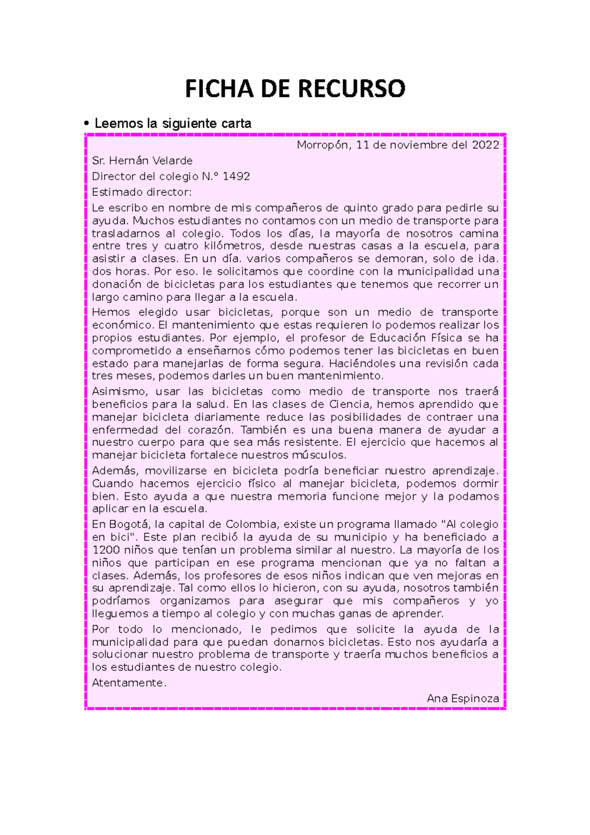 Ficha DE Recurso - COM 1 - ccccccccccccccc - FICHA DE RECURSO Leemos la siguiente carta Morropón ...