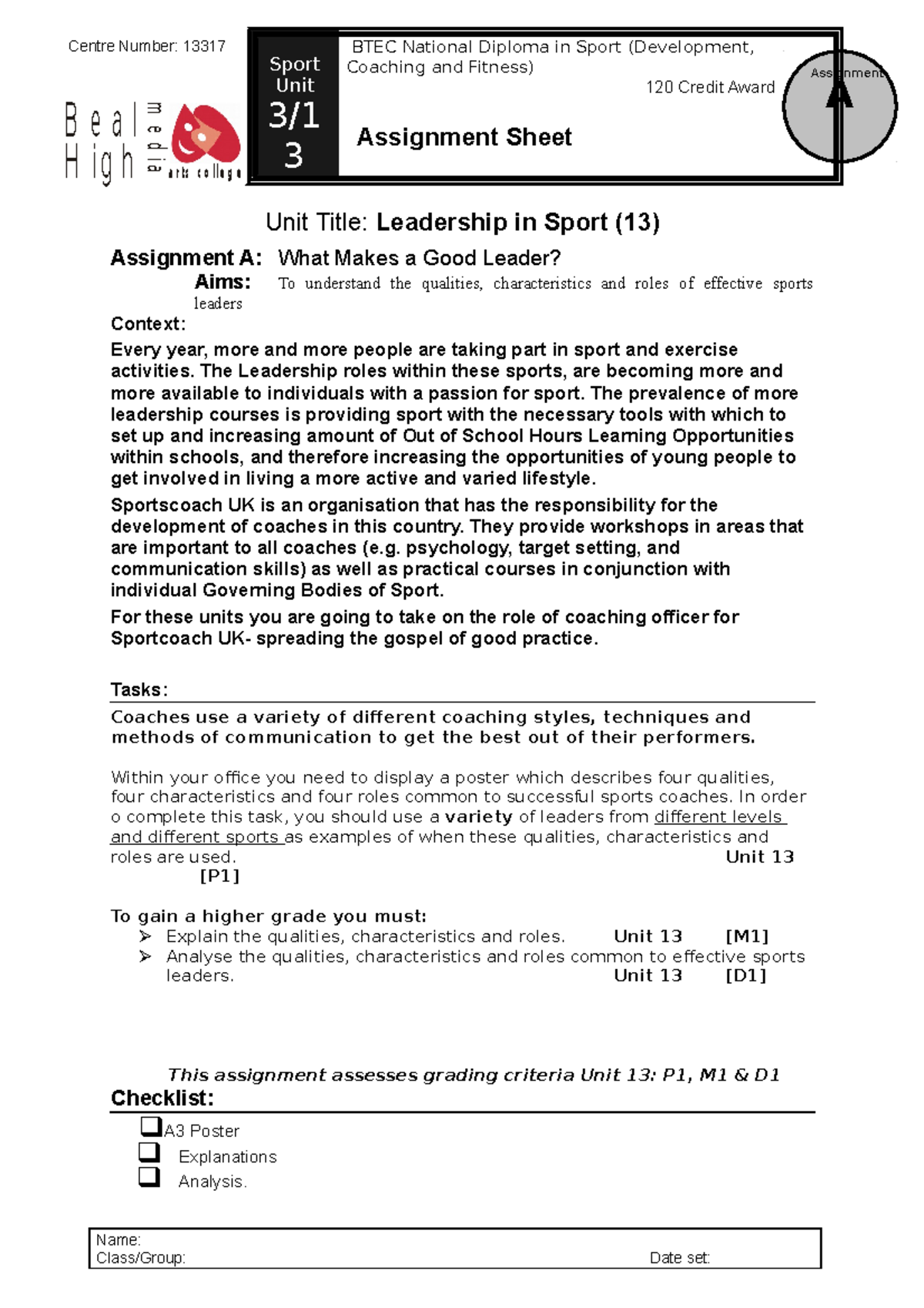 Unit 3- 13 Assignment A - practise - A Assignment Centre Number: 13317 ...