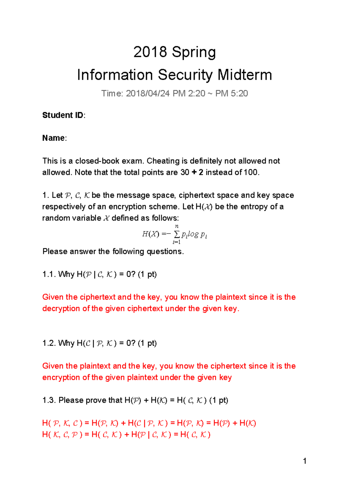 [2018 ][Spring] Information Security mid with solution - 2018 Spring Information Security ...