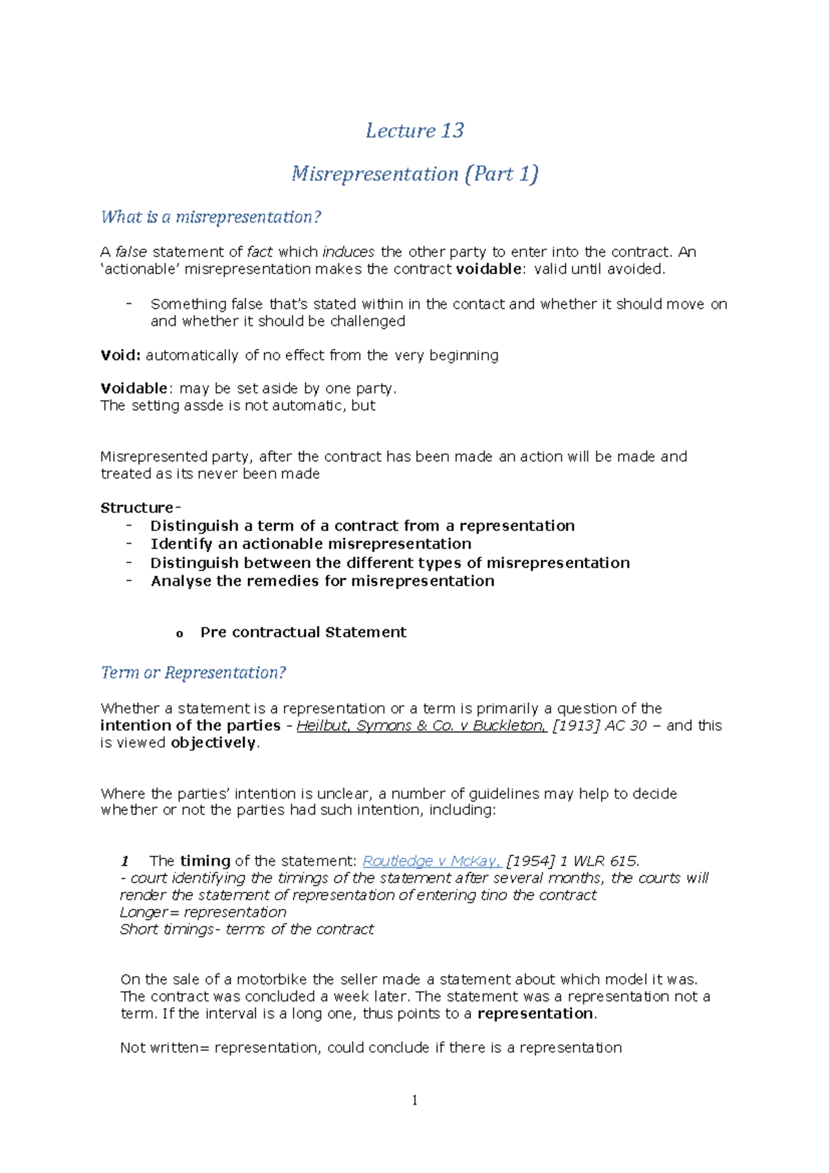 Lecture 13 - Misrepresentation Part 1 - Lecture 13 Misrepresentation (Part 1) What is a - Studocu